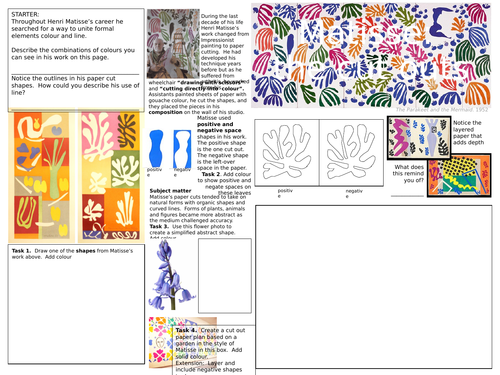 Art Design - Cover Worksheet - Matisse cut outs | Teaching Resources