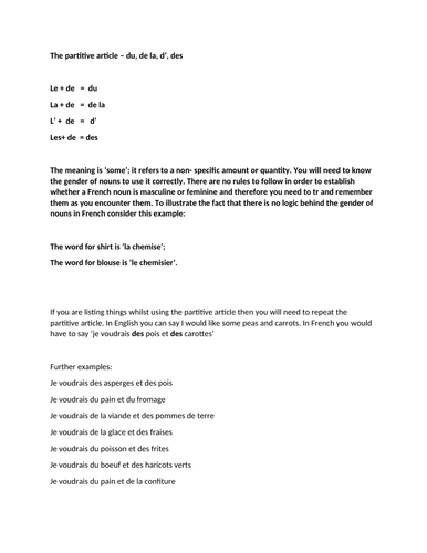 French GCSE revision notes - how to say 'some' in French | Teaching ...