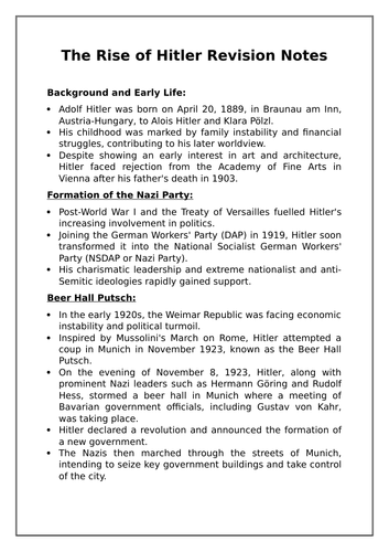 GCSE History Revision Notes - Rise of Hitler | Teaching Resources