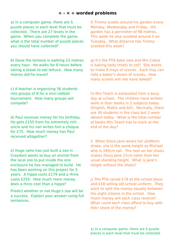 Four operations - worded problems | Teaching Resources
