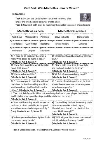 Card Sort: Was Macbeth a Hero or a Villain? | Teaching Resources
