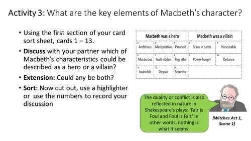 Card Sort: Was Macbeth a Hero or a Villain? | Teaching Resources