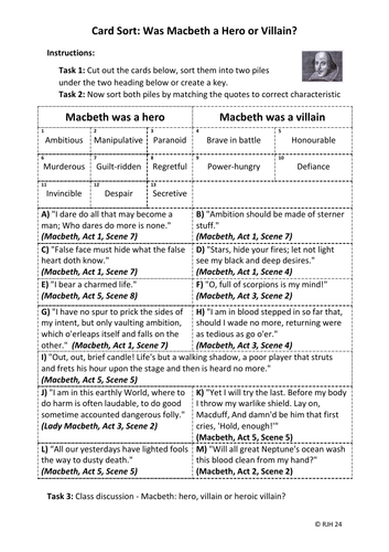 Card Sort: Was Macbeth a Hero or a Villain? | Teaching Resources
