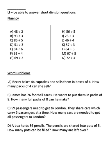 Year 3 short division with and without remainders | Teaching Resources