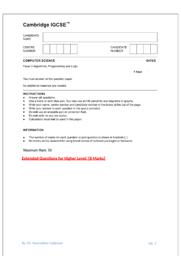 IGCSE Paper 2_Algorithms, Programming and Logic_Test 1_Questions and ... IGCSE Paper 2_Algorithms, Programming and Logic_Test 1_Questions and ...