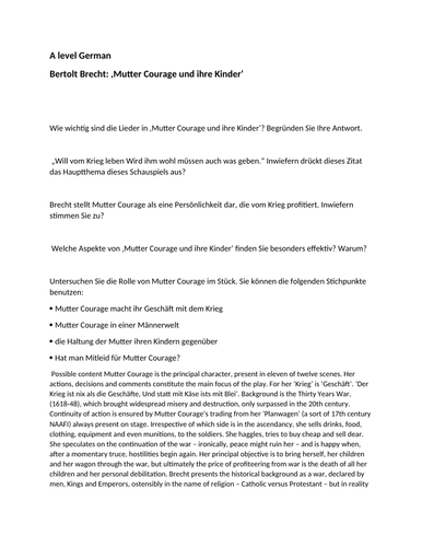 Bertolt Brecht: ,Mutter Courage und ihre Kinder‘: A Level German ...