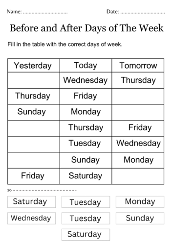 before and after days of the week worksheet for kindergarten | Teaching ...
