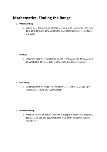 Finding the Range Maths Word Problems | Teaching Resources