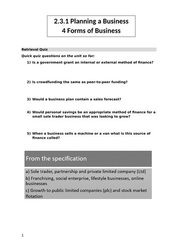 Edexcel A Level Business Theme 2- 26 Forms of Business | Teaching Resources
