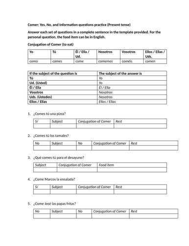 Comer: Yes, No, and Information questions practice (Present tense ...