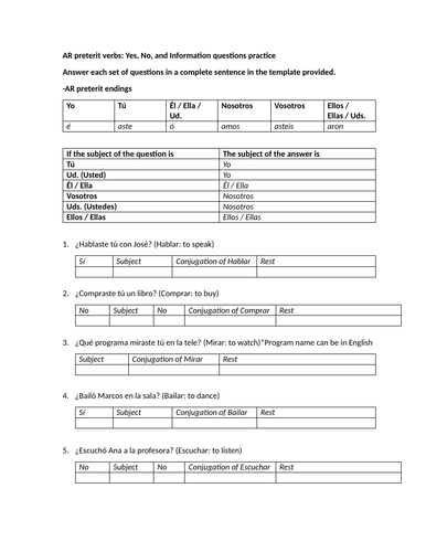 AR preterit verbs: Yes, No, and Information questions practice ...