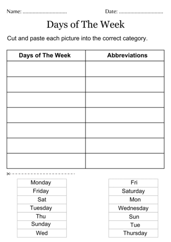 Abbreviations days of the week worksheet for kindergarten | Teaching ...