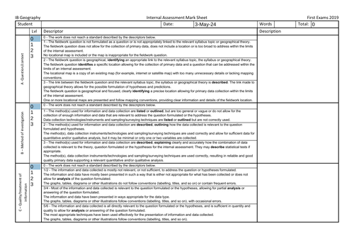 Geography IB Internal Assessment Mark Sheet | Teaching Resources