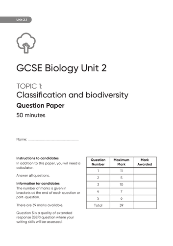 GCSE WJEC Biology 2.1 Classification and biodiversity question booklet ...