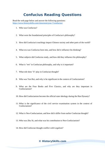 Confucius Reading Questions Worksheet | Teaching Resources