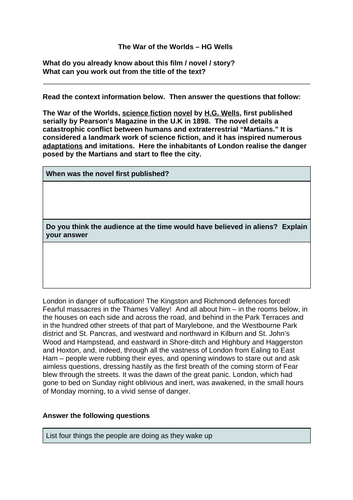 English Language War of the World HG Wells KS3 / KS4 Reading ...