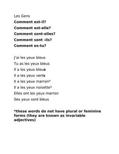 GCSE French 'decrire les gens' vocabulary and phrases for describing ...