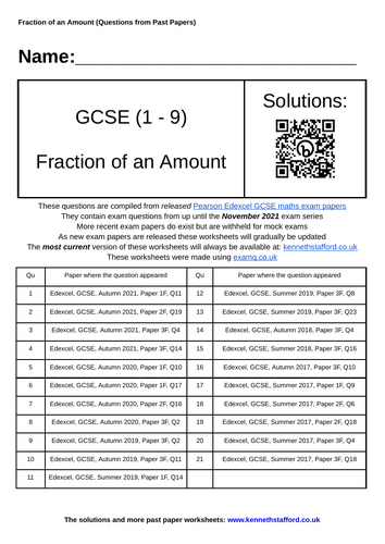Fraction of an Amount. GCSE Maths Past Paper Questions. | Teaching ...