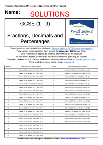 Fractions, Decimals and Percentages. GCSE Maths Past Paper Questions ...