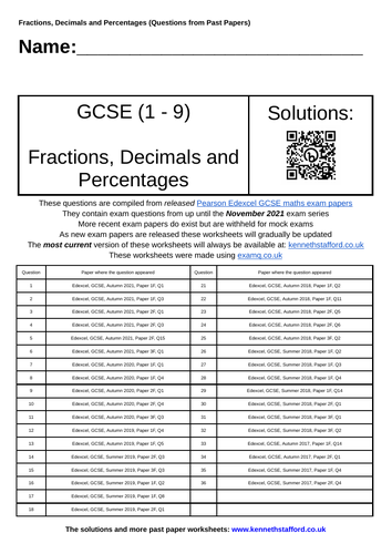 Fractions, Decimals and Percentages. GCSE Maths Past Paper Questions ...