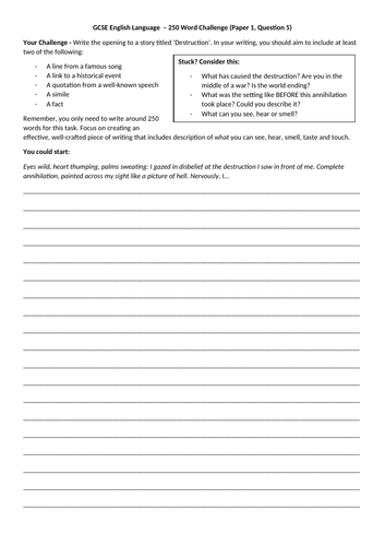 AQA English Language Paper 1 Q5 Cover lesson or Homework | Teaching ...