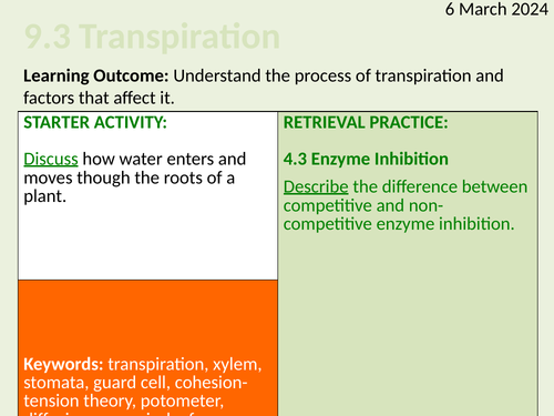 OCR Biology A- 9.3 Transpiration | Teaching Resources