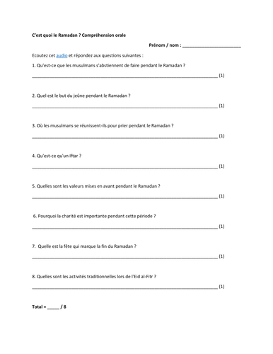 C'est quoi le Ramadan ? Listening comprehension in French | Teaching ...