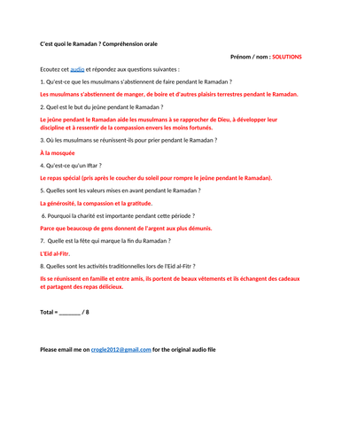 C'est quoi le Ramadan ? Listening comprehension in French | Teaching ...