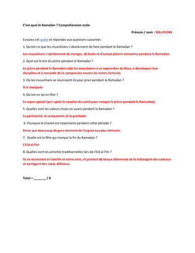 C'est quoi le Ramadan ? Listening comprehension in French | Teaching ...