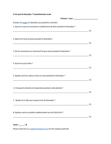 C'est quoi le Ramadan ? Listening comprehension in French | Teaching ...