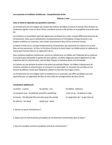 Les coutumes et traditions chrétiennes - French listening comprehension ...