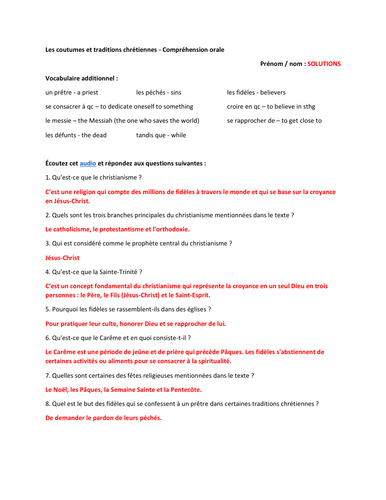 Les coutumes et traditions chrétiennes - French listening comprehension ...