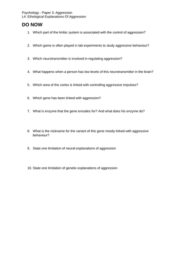 L4: Ethological Explanations Of Aggression - AQA Psychology - Paper 3 ...