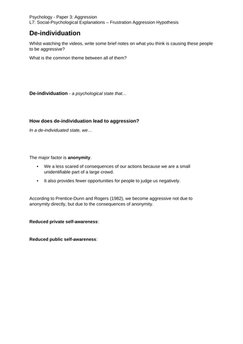 L7: Deindividuation - Aggression - Paper 3 - AQA Psychology | Teaching ...