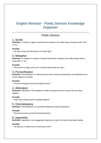 English Revision - Poetic Devices Revision Notes | Teaching Resources