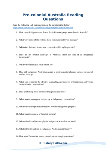 Pre-colonial Australia Reading Questions Worksheet | Teaching Resources
