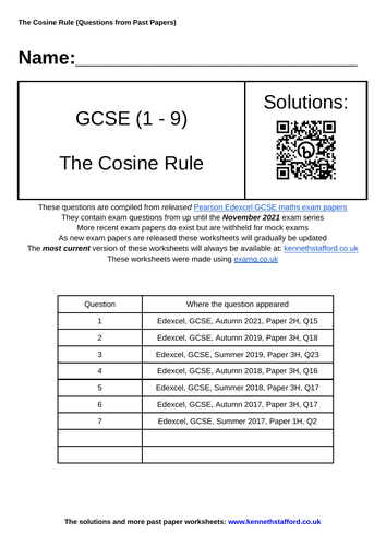 The Cosine Rule. GCSE Maths Past Paper Questions. | Teaching Resources