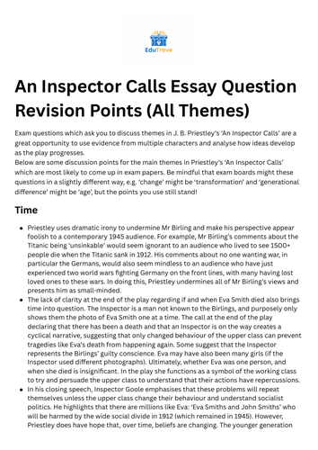 An Inspector Calls Themes Sheet - Essay Ideas | Teaching Resources
