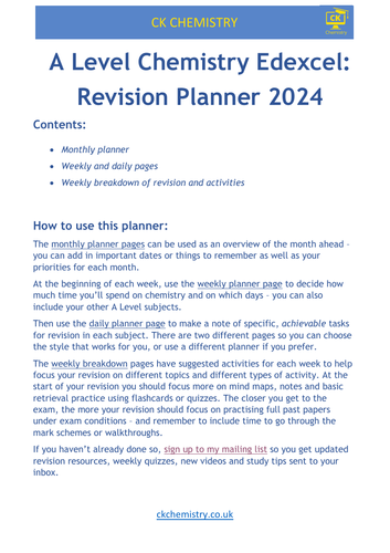 A Level Chemistry Edexcel Revision Planner 2024 Teaching Resources