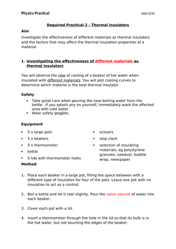 Thermal Insulators Required Practical AQA GCSE Physics | Teaching Resources