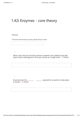 Forms quiz: Enzyme theory | Teaching Resources