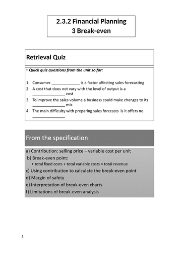 Edexcel A Level Business Theme 2 Unit 2- 31 Break Even Analysis ...