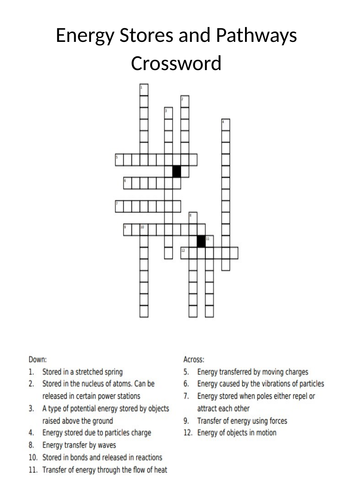 Energy Stores and Pathways Crossword (with Answers) | Teaching Resources