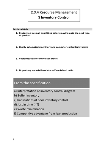 Edexcel A Level Business Theme 2- Unit 4 -39 Inventory Control ...