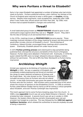 Elizabethan England - The Puritan Threat | Teaching Resources