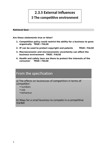 Edexcel A Level Business Theme 2- Unit 5 43 The competitive environment ...