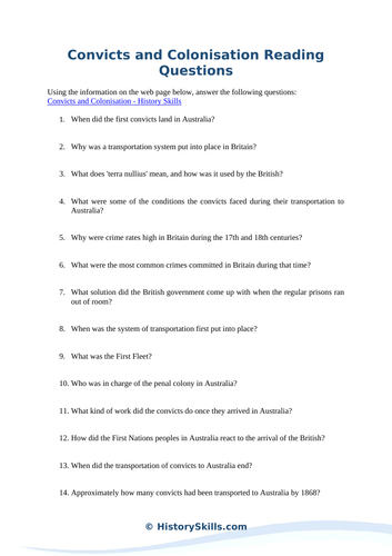 The First Fleet and the Colonisation of Australia Reading Questions ...