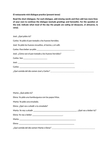 El restaurante mini dialogue practice (present tense) | Teaching Resources