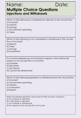 A Level Economics - Worksheets - Theme 2.4 - Injections and Withdrawals ...