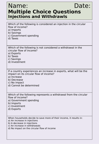 A Level Economics - Worksheets - Theme 2.4 - Injections and Withdrawals ...